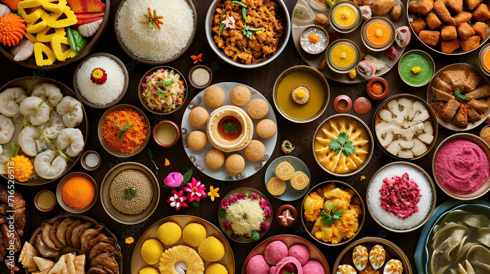 An overhead shot of a table spread with an array of traditional ...