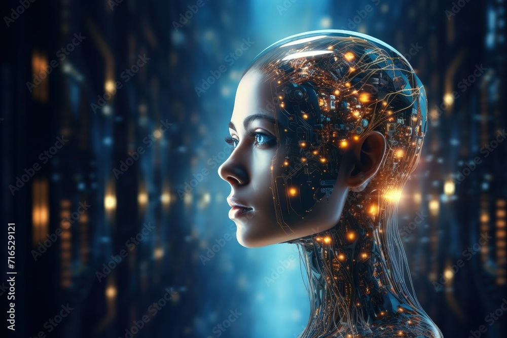 Cyborg woman with machine brains and beautiful young face side view ...