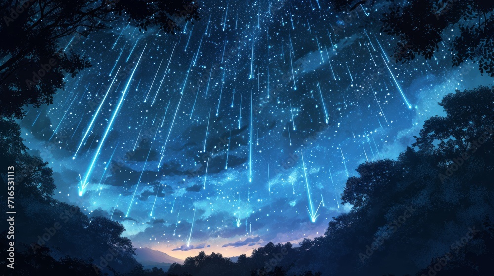 Cartoon Illustrate of meteor shower in the starry night sky. Stars Sky ...