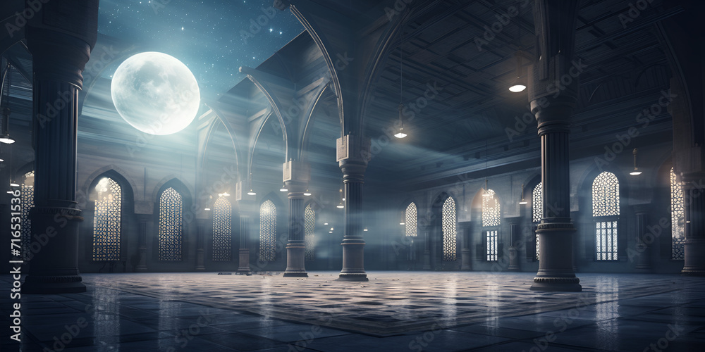 Moonlight shine through the window into islamic background. Moonlit ...