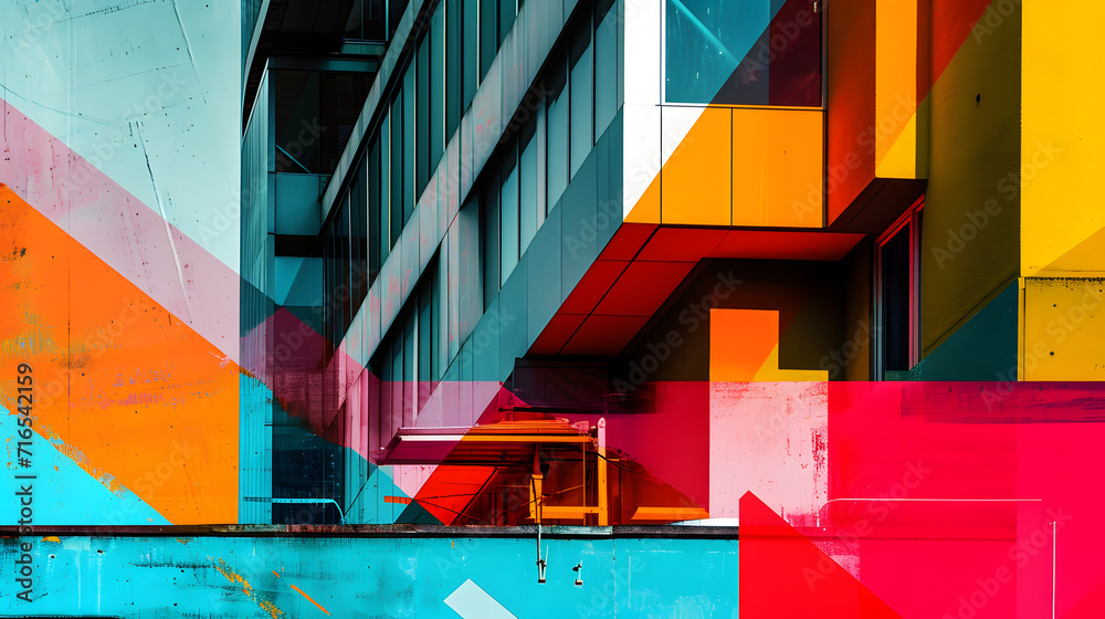 A collage of vibrant geometric shapes and urban photographs creating a ...