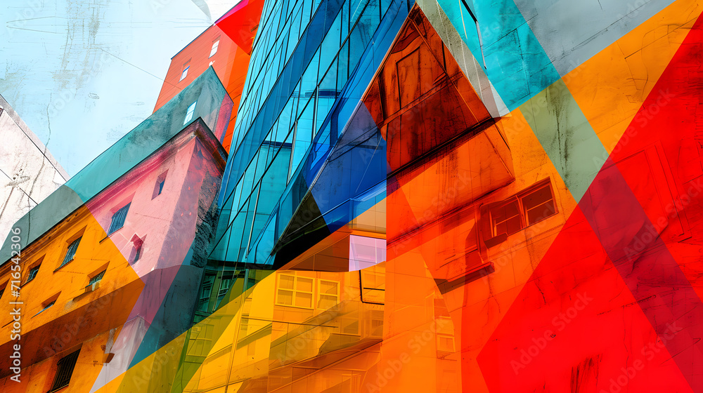 A collage of vibrant geometric shapes and urban photographs creating a ...