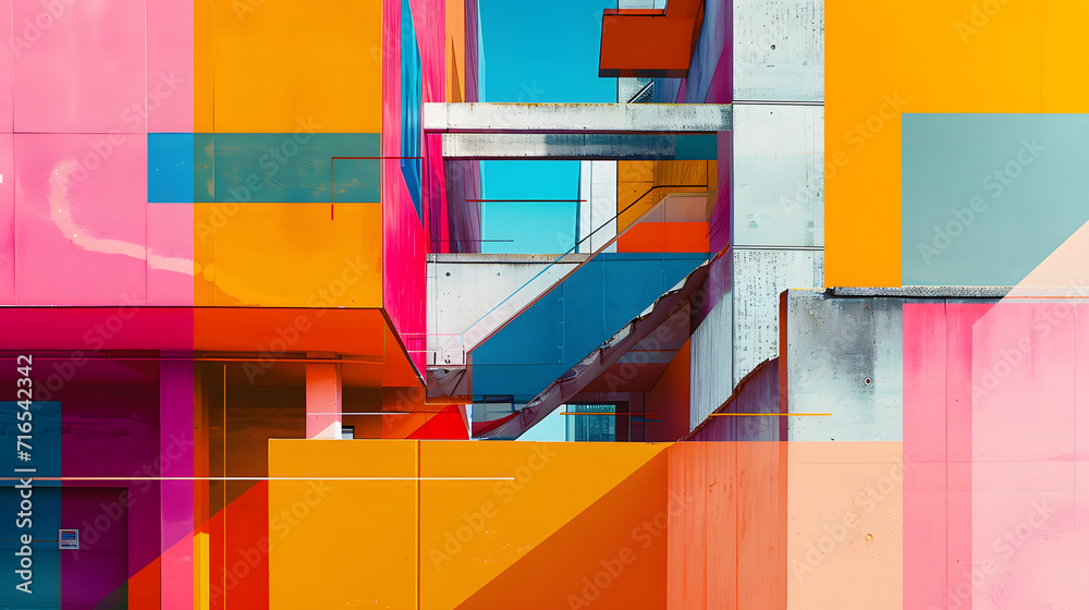 A collage of vibrant geometric shapes and urban photographs creating a ...