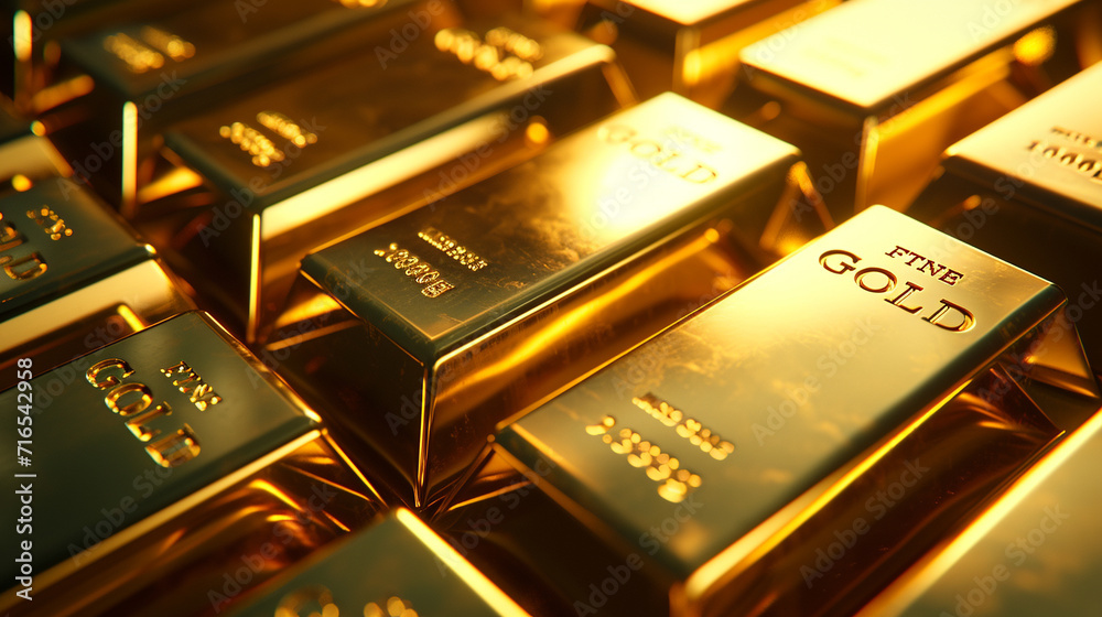 A luxurious display of gold bullion bars, each bar reflecting light and ...