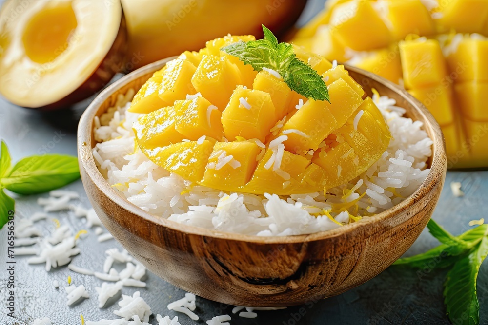 Khao Niew Mamuang or Thai mango sticky rice with coconut cream Stock ...