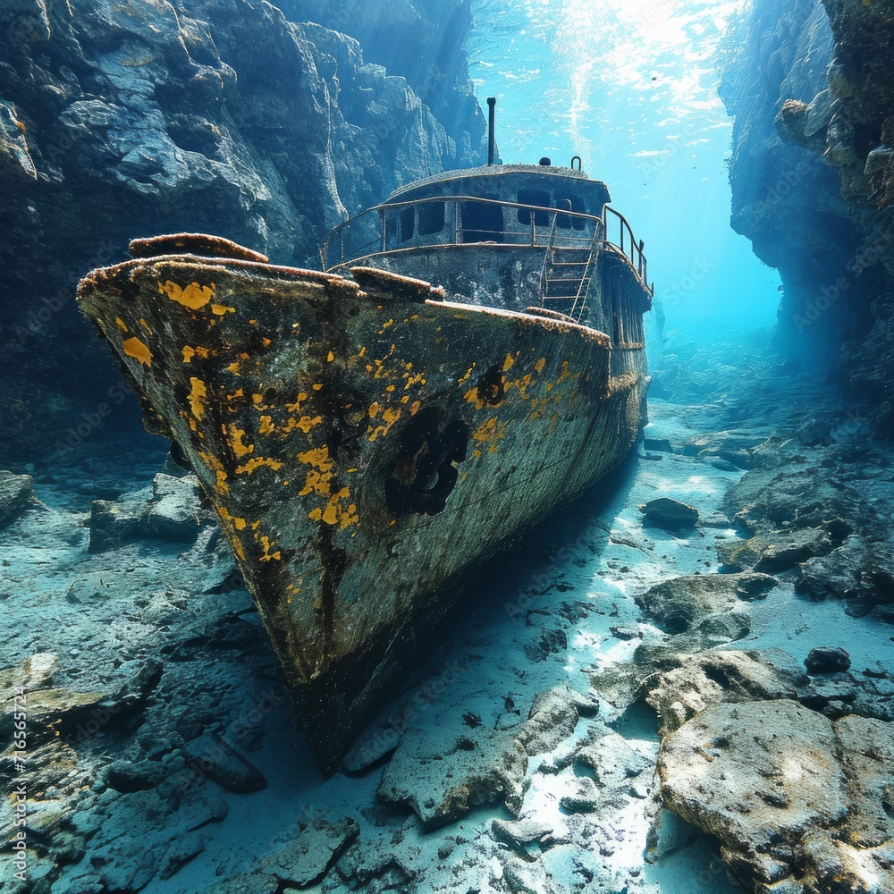 Sunken rusty ship underwater. Concept: water exploration and treasure ...