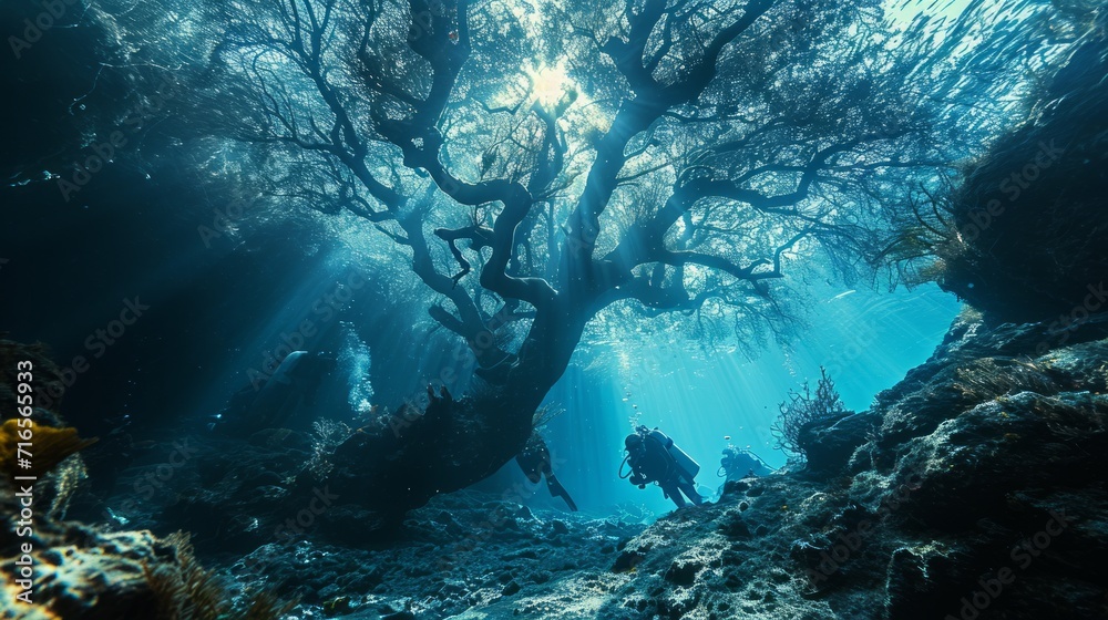 Divers swim underwater among the trees. Diving with scuba gear and fins. Concept: water ...