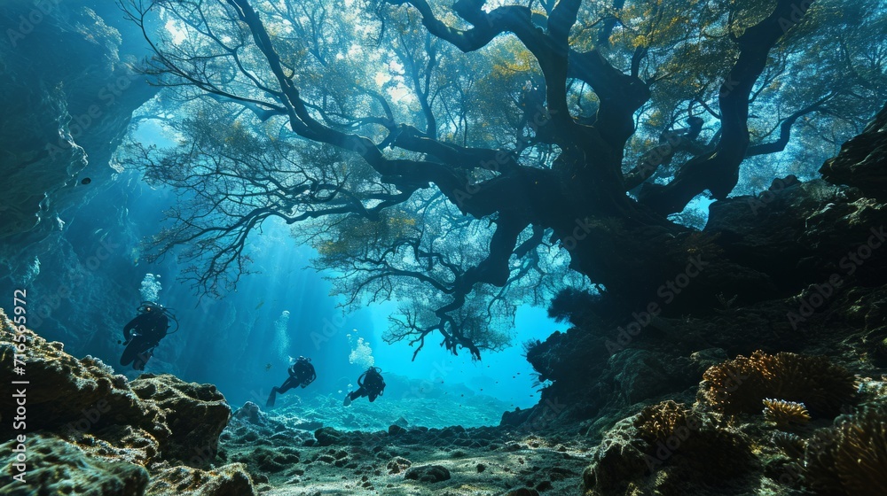 Divers swim underwater among the trees. Diving with scuba gear and fins ...