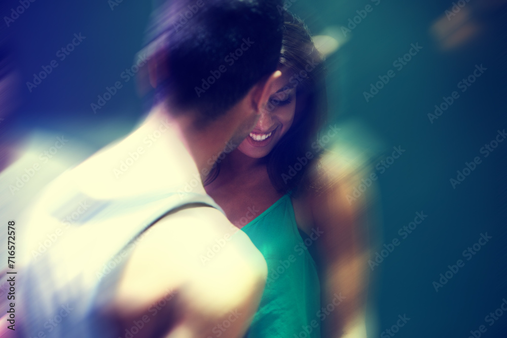 Night, club and couple dance at party together with happiness and ...