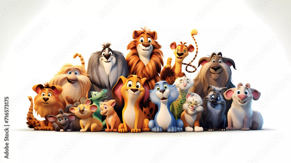 A group of cartoon animals standing next to each other on a white ...