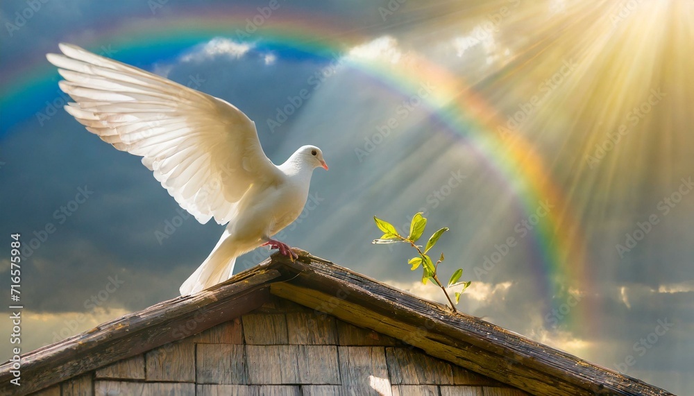 Peaceful Landing: White Dove with Olive Leaf on Noah's Ark Rooftop ...
