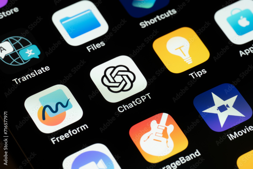 Dnipro, Ukraine - 09.12, 2023: ChatGPT app icons are seen on an iPhone. Third-party network ...