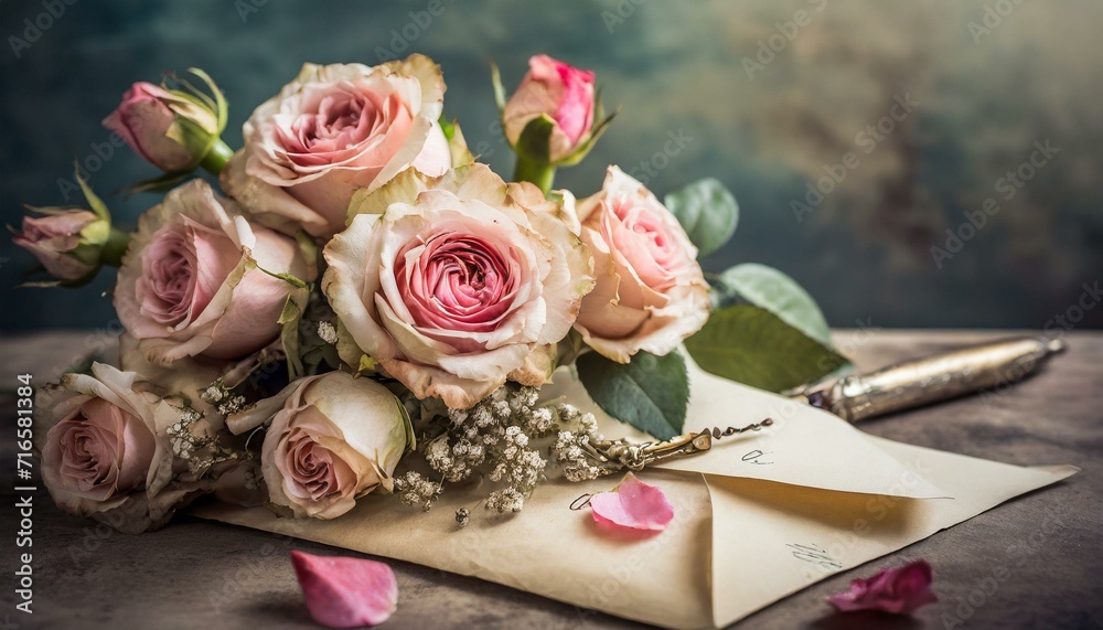 Vintage Roses on a Love Letter: A composition featuring vintage-style ...