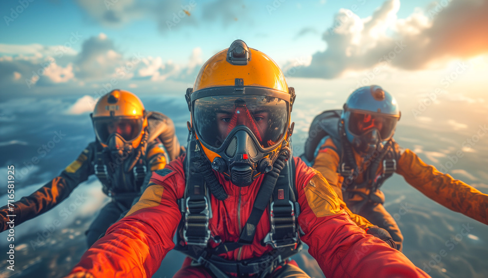 Extreme sport, parachutists. Athletes in movement, action and ...