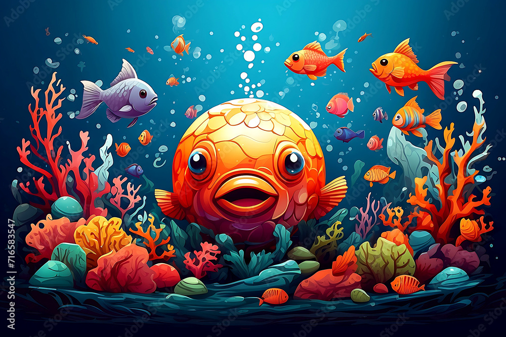 Cartoonish sphere fish eating and blowing up under the sea, vector ...
