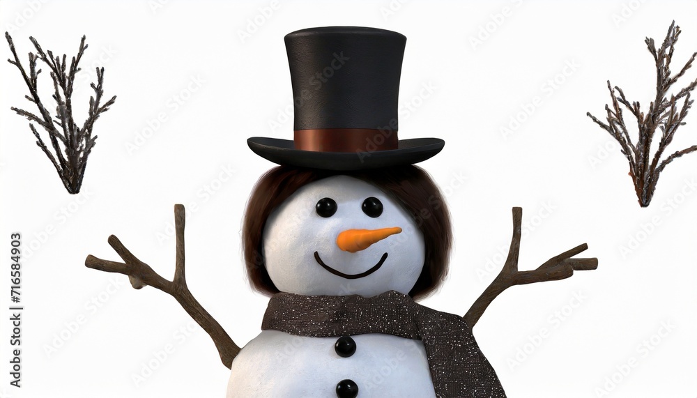 heerful snowman with a top hat on his head isolated on white Stock ...