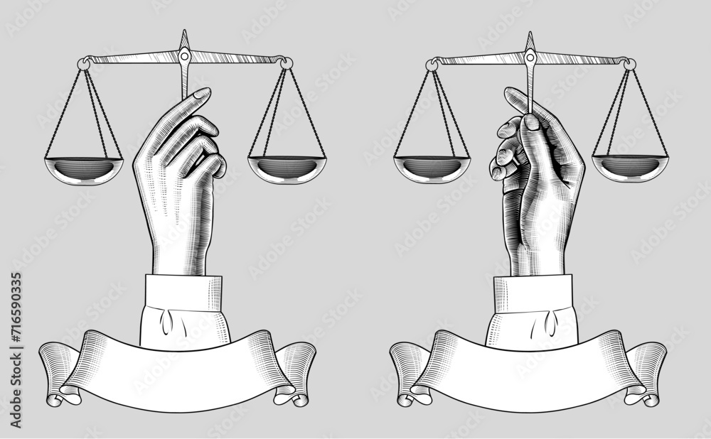 Vintage engraved drawing of hands with old weight scales and retro ...