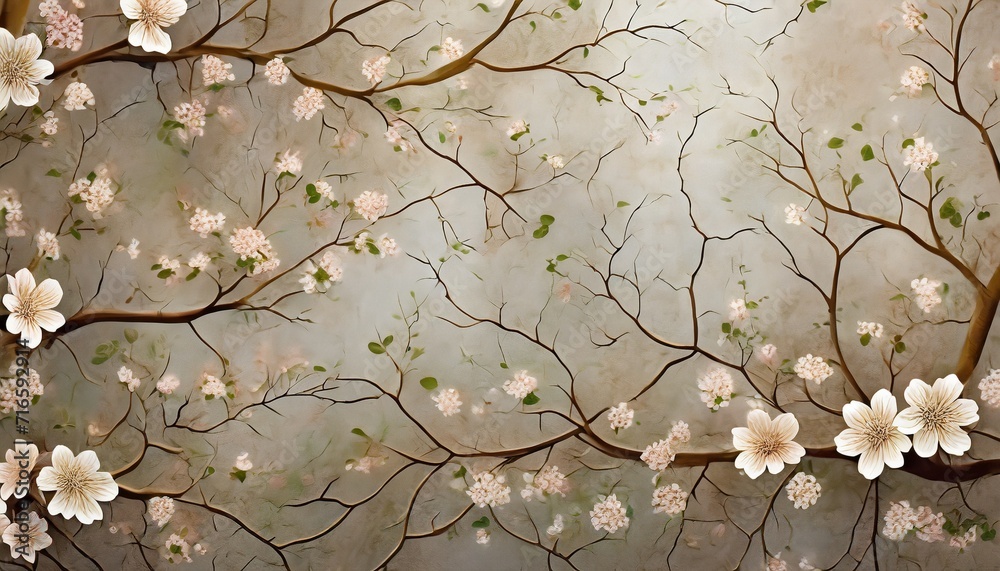 texture wall cracked background which depicts branches with flowers ele ...