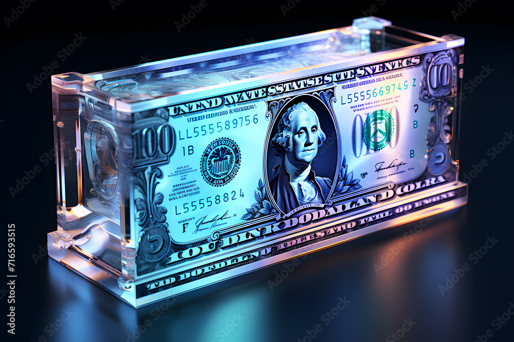 Holographic of digital box dollar, money display blue background. money ...