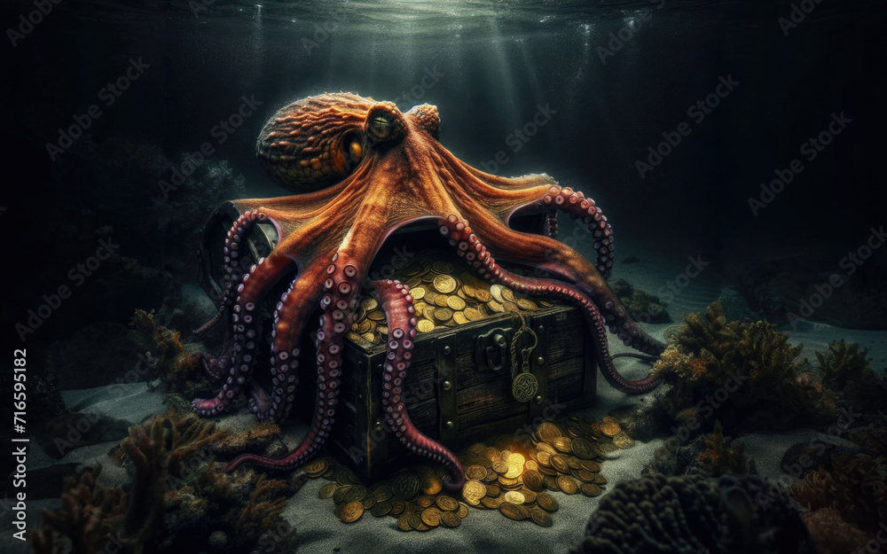 Octopus at the bottom of the sea guards a treasure chest, gold coins ...