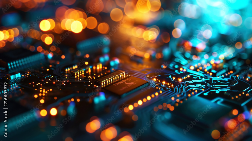 Technology digital binary data on microchip with glow circuit board. Digitalization of Neural ...