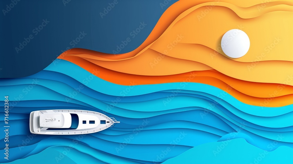 Top view river and yacht in paper cut style. 3d seaside background with ...