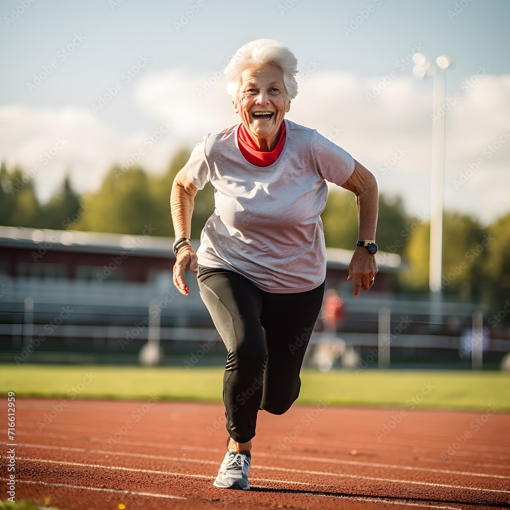 Happy elderly woman running in the stadium. Attractive looking mature ...