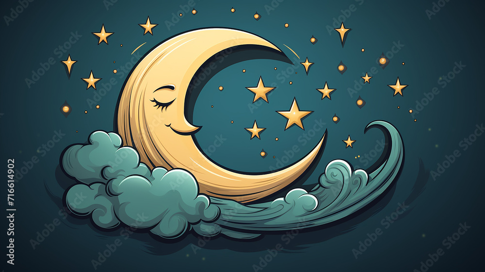 cartoon crescent moon on a blue sky background, art character, good ...