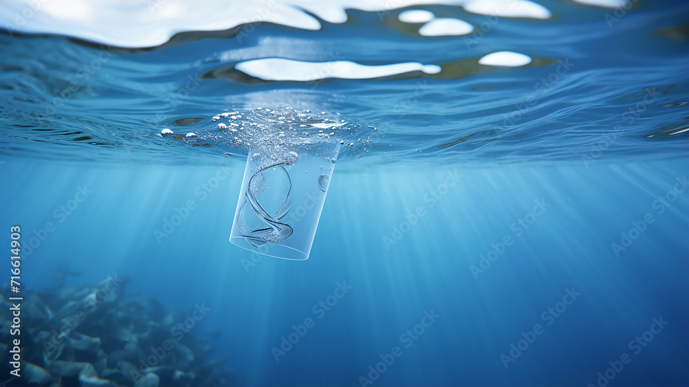 plastic cup floating underwater in the ocean sea pollution by garbage ...