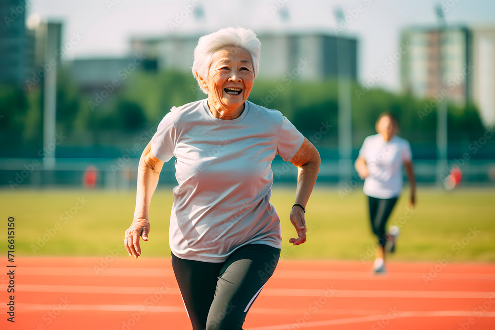 Happy elderly woman running in the stadium. Attractive looking mature ...