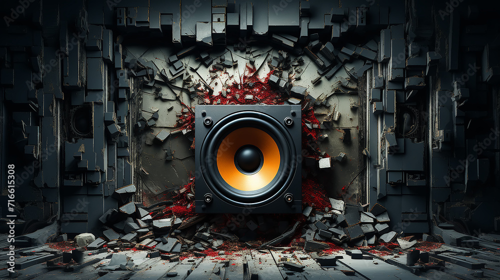 loud background music, cracks on the destroyed speaker from the ...