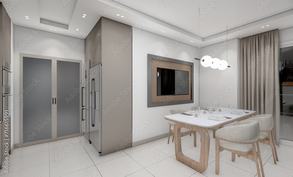 Render of modern kitchen design with TV, spot lighting and dining table ...