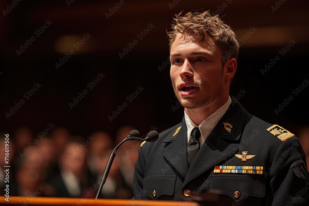 A stoic military officer, dressed in a crisp uniform and adorned with ...