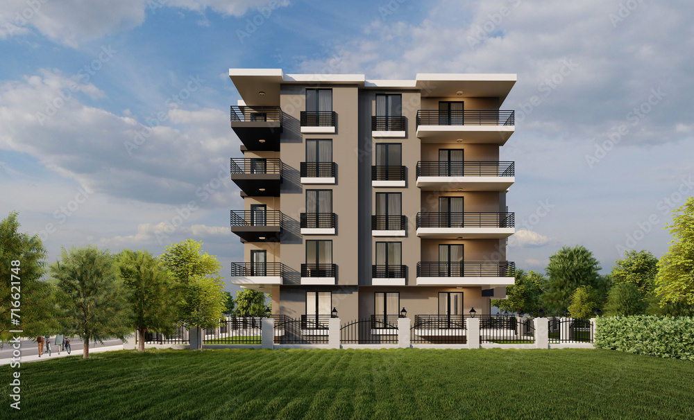 3D render of 5 floor of apartment with lighting people, trees, cars and ...