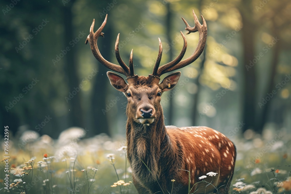 Stag with antlers standing in a forest meadow. Sprintime wildlife scene ...