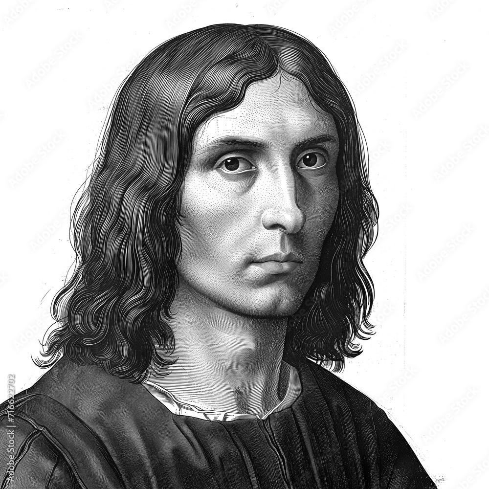 Black and white vintage engraving, close-up headshot portrait of ...