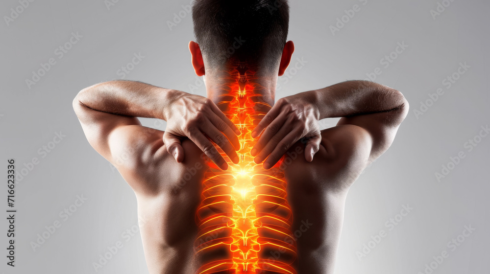 man from behind holding his neck, with a digital illustration overlay ...