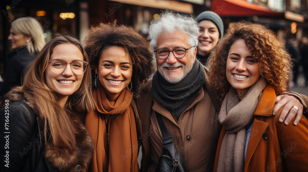 Multiracial happy people on the street smiling and hugging, foreign ...