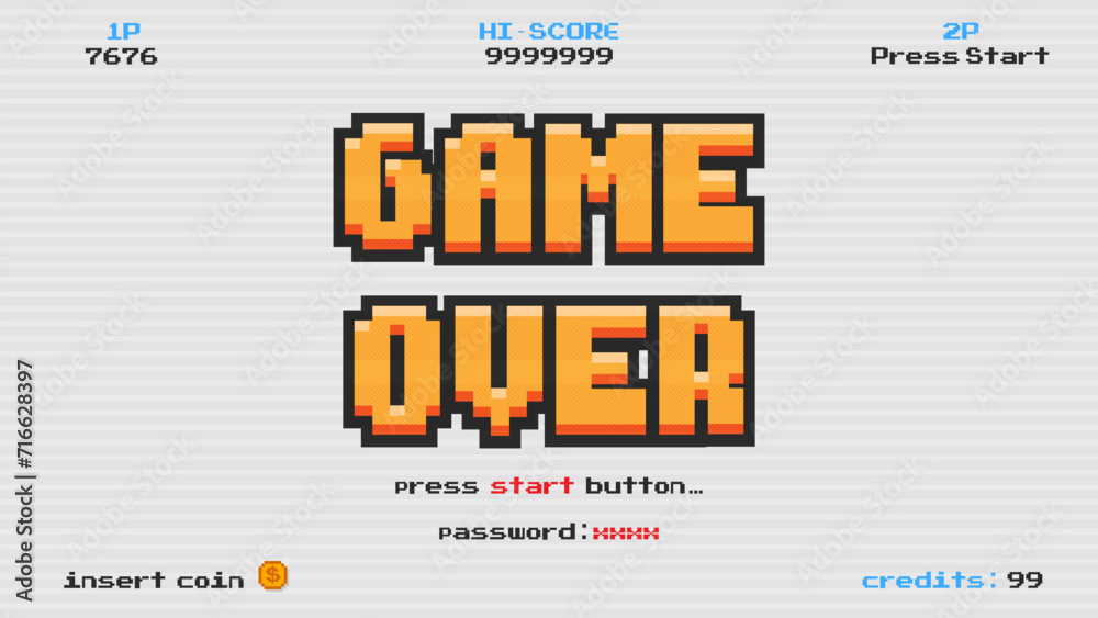 Game over press start button.pixel art .8 bit game.retro game. for game ...