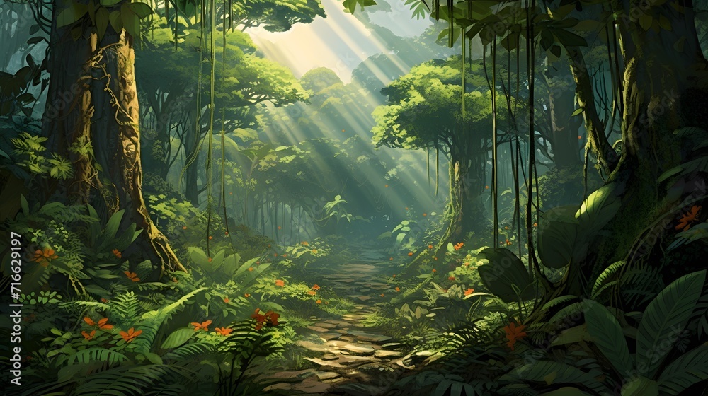 A lush tropical rainforest with towering trees wrapped in vines, Bright ...