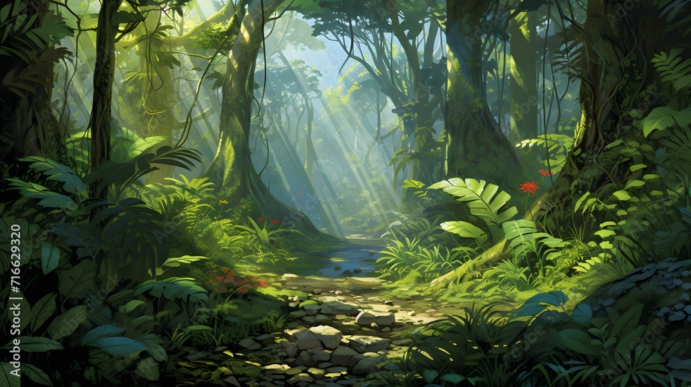 A lush tropical rainforest with towering trees wrapped in vines, Bright ...