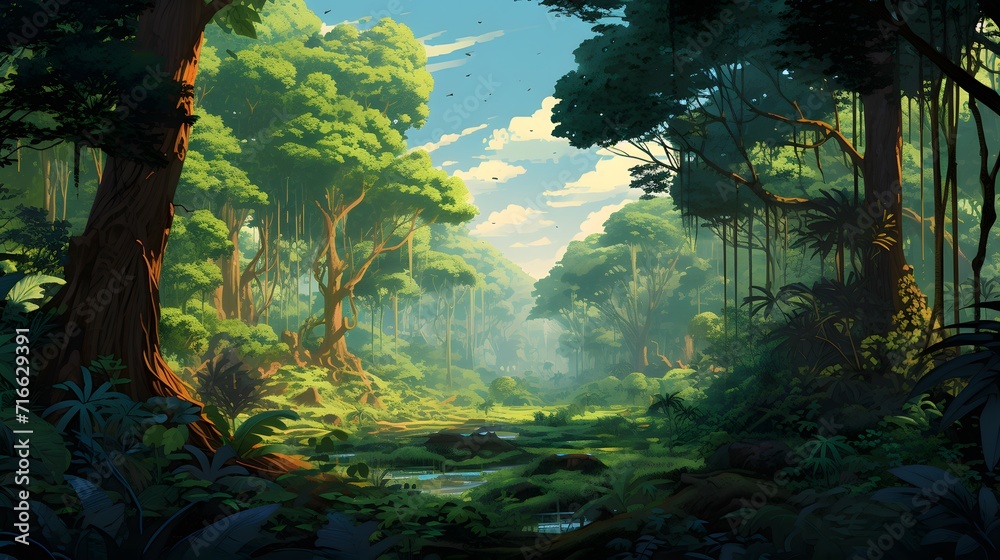 A lush tropical rainforest with towering trees wrapped in vines, Bright ...