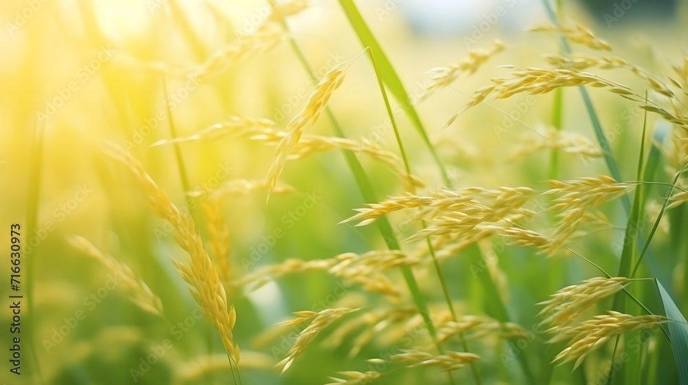 Blurred golden grass flower with cloudy sky in rainy season. Green rice ...