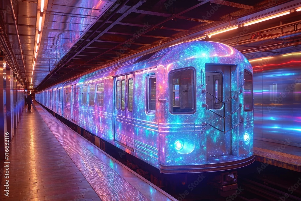 The brightly lit train emerges from the darkness of the night, its ...