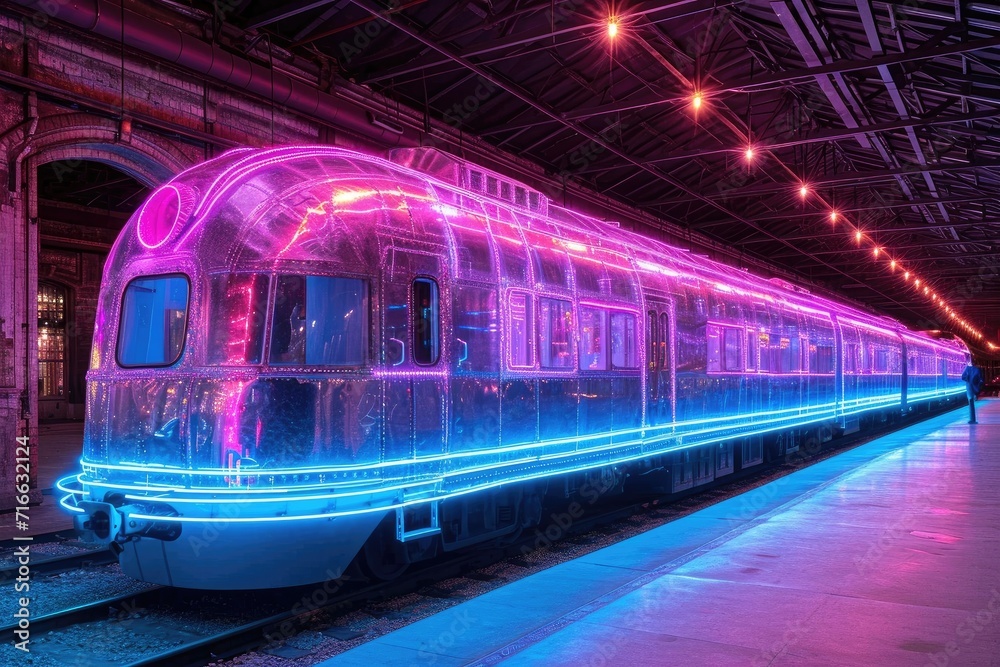 A brightly lit train glides through the night, illuminating the railway ...