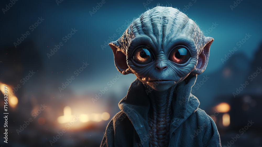 portrait of an alien with big eyes on a foggy blurry background ...