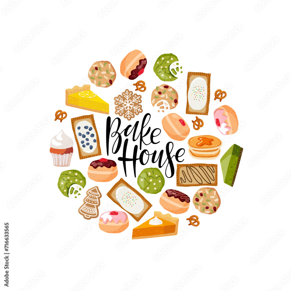 Bake House banner. Circle shape composition from hand drawn bakery ...