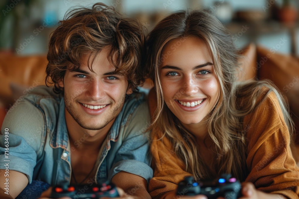 Two friends, a man and a woman, bond over video games with smiles on ...