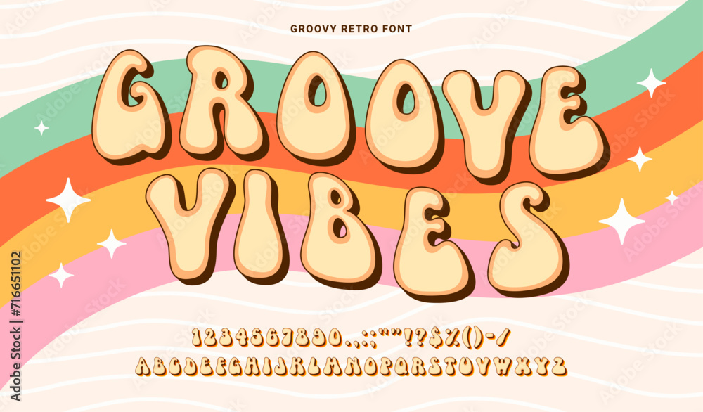 Vintage groovy font, psychedelic groove type, retro hippy typeface ...