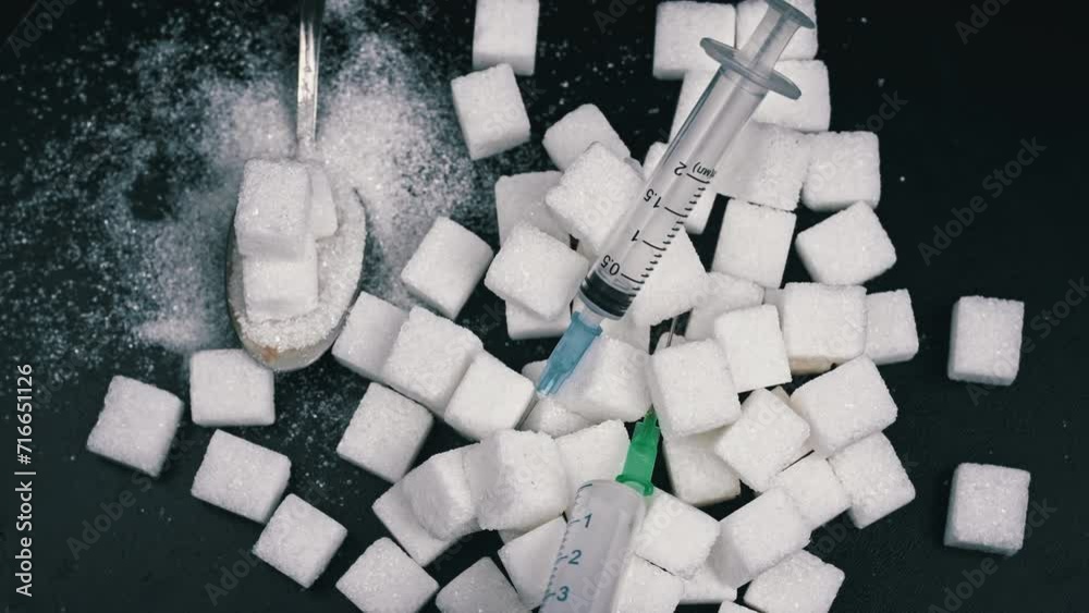 Vidéo Stock Sugar - drug, white sugar cubes and syringe. Sweets are ...
